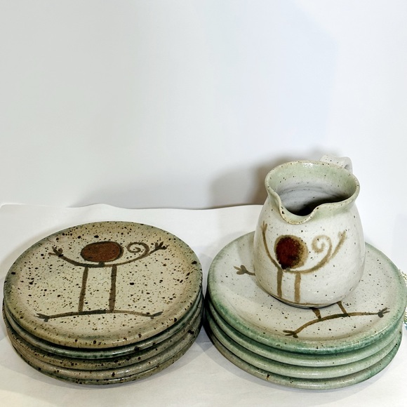 Signed | Art | Vintage Studio Pottery Jug Plates Oatmeal Glaze With ...